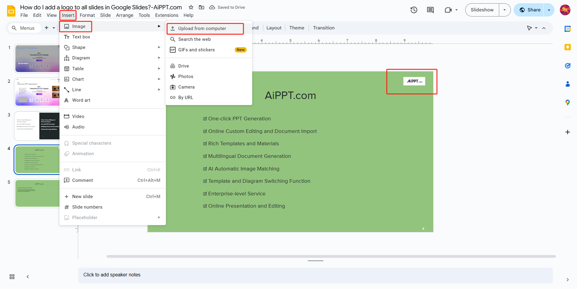How do I add a logo to all slides in Google Slides? - AiPPT.com